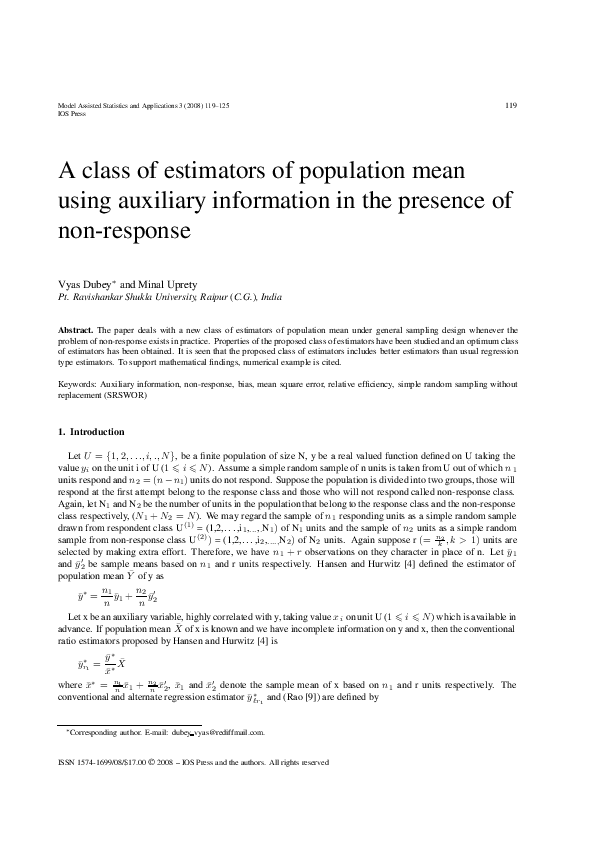 Pdf A Class Of Estimators Of Population Mean Using Auxiliary
