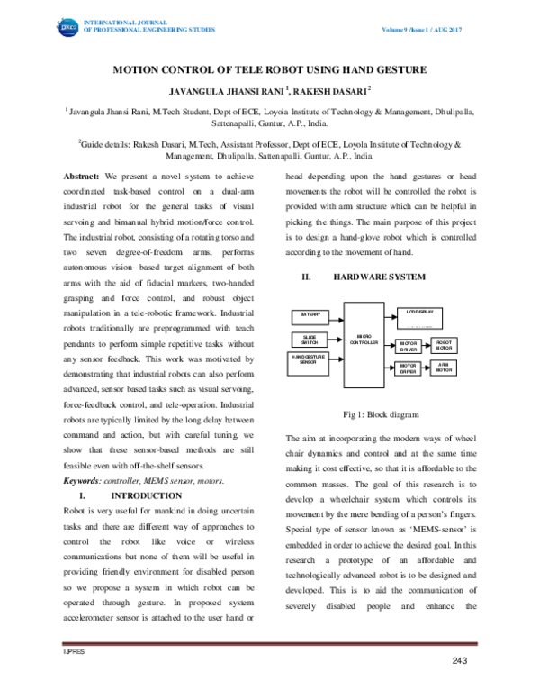 (PDF) Motion Control of Tele Robot Using Hand Gesture | Rakesh Dasari - Academia.edu