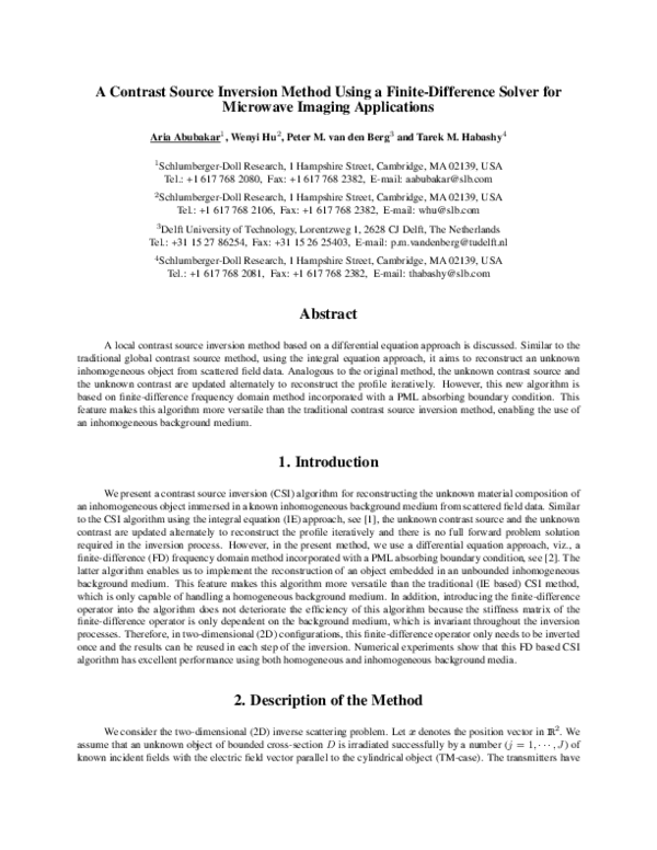 Pdf A Contrast Source Inversion Method Using A Finite Difference Solver For Microwave Imaging 