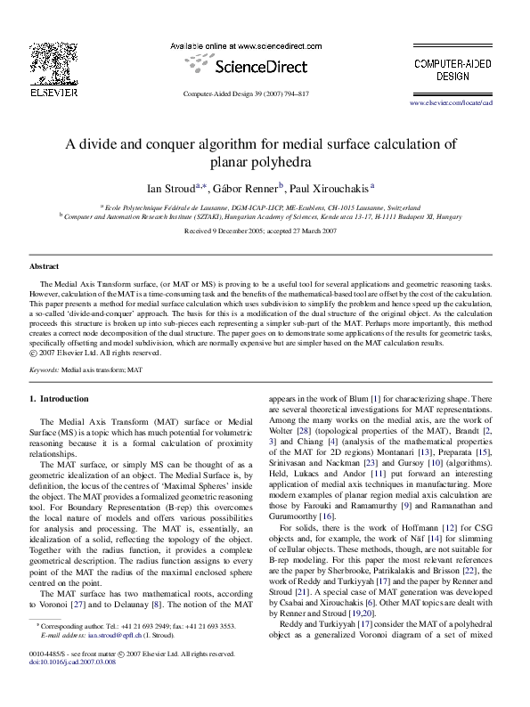 (PDF) A divide and conquer algorithm for medial surface calculation of planar polyhedra