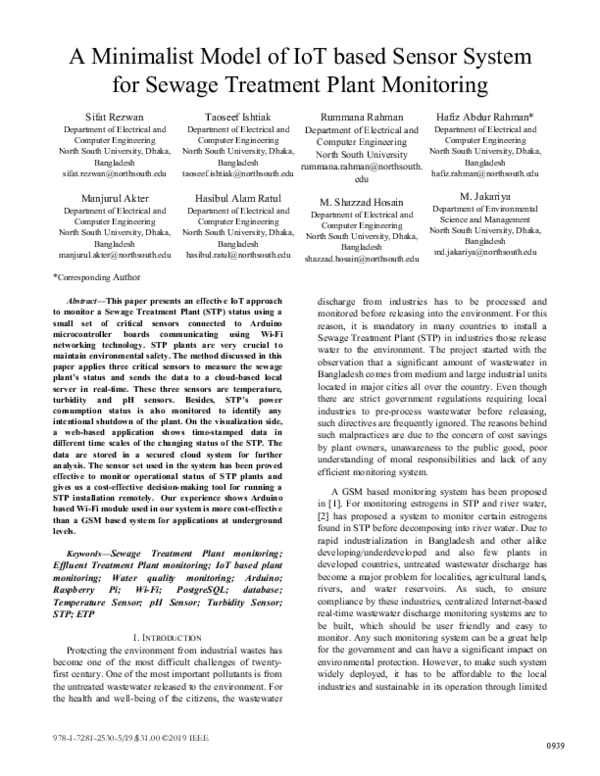 Pdf A Minimalist Model Of Iot Based Sensor System For Sewage Treatment Plant Monitoring