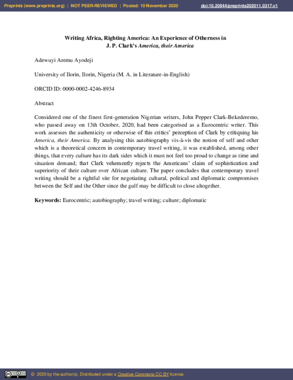 (PDF) Writing Africa, Righting America: An Experience of Otherness in J ...