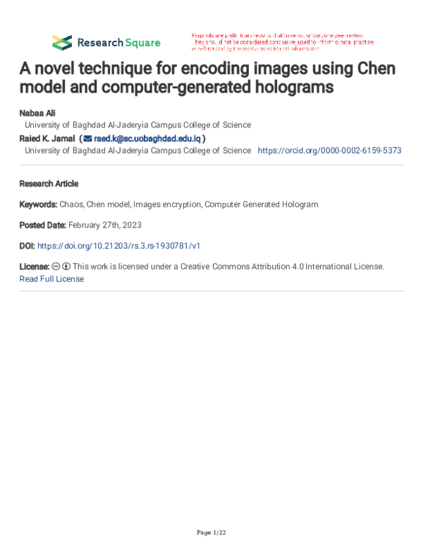 Pdf A Novel Technique For Encoding Images Using Chen Model And Computer Generated Holograms