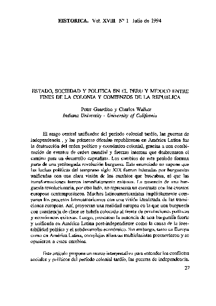 (PDF) Estado, sociedad y política en el Perú y México entre fines de la ...