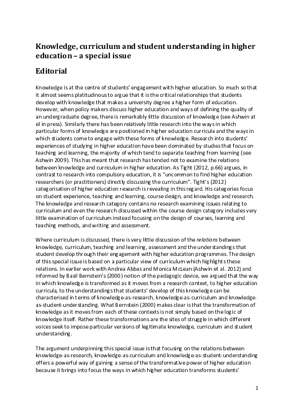 (PDF) Knowledge, curriculum and student understanding in higher education