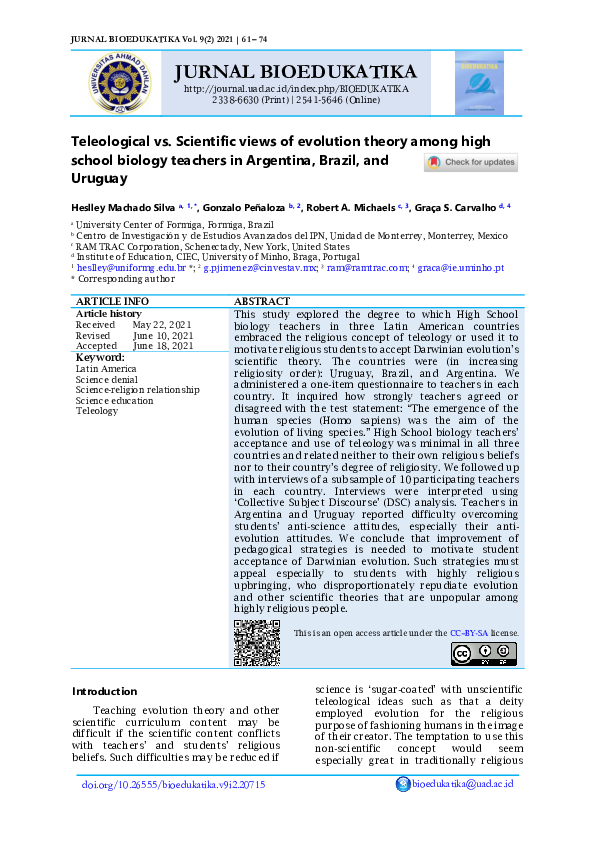 (PDF) Teleological vs. Scientific views of evolution theory among high ...