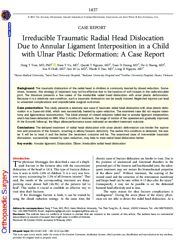 (PDF) Irreducible Traumatic Radial Head Dislocation Due to Annular ...