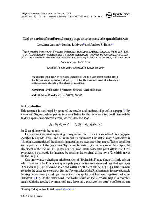 (PDF) Taylor series of conformal mappings onto symmetric quadrilaterals
