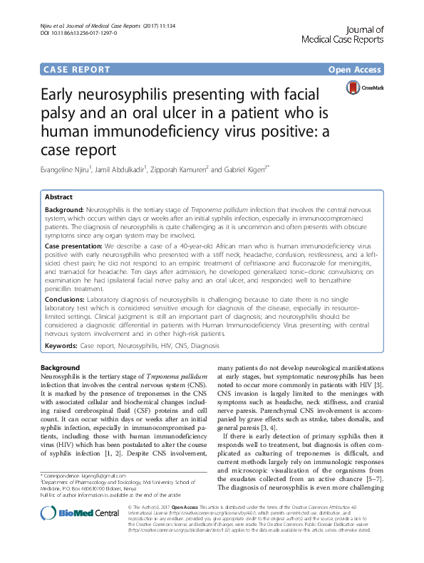 (PDF) Neurosyphilis with Facial Palsy in HIV Patient: A Case Report