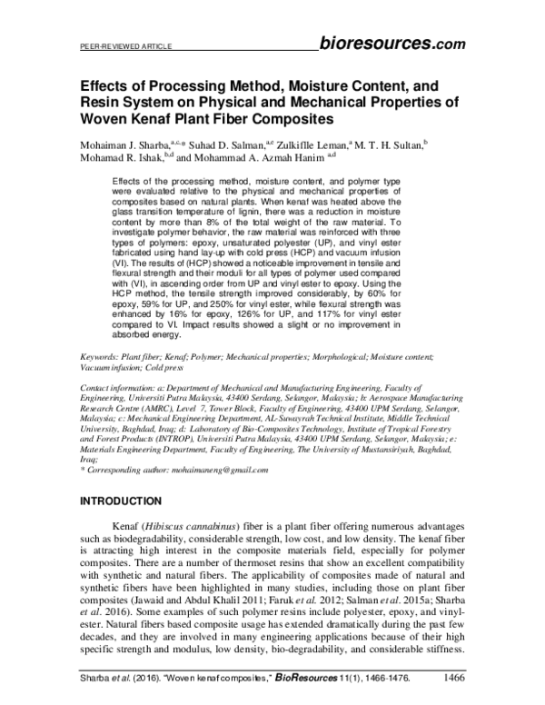 (PDF) Effects of Processing Method, Moisture Content, and Resin System on Physical and ...
