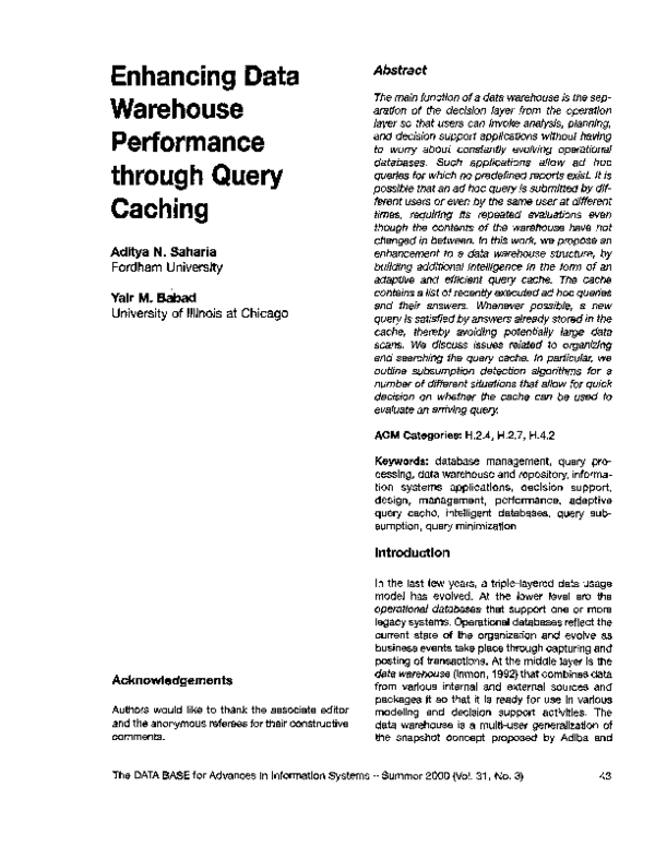 (PDF) Enhancing data warehouse performance through query caching