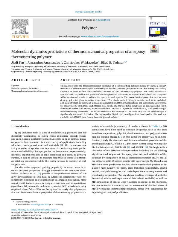 (PDF) Molecular dynamics predictions of thermomechanical properties of an epoxy thermosetting ...