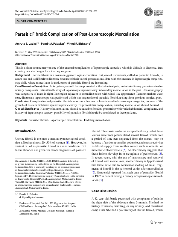 (PDF) Parasitic Fibroid: Complication of Post-Laparoscopic Morcellation ...