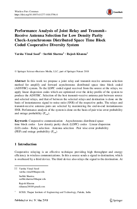 (PDF) Performance Analysis of Joint Relay and Transmit–Receive Antenna Selection for Low Density ...