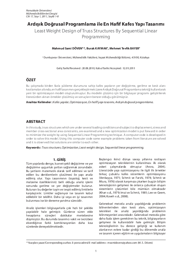(PDF) Ardışık Doğrusal Programlama ile En Hafif Kafes Yapı Tasarımı