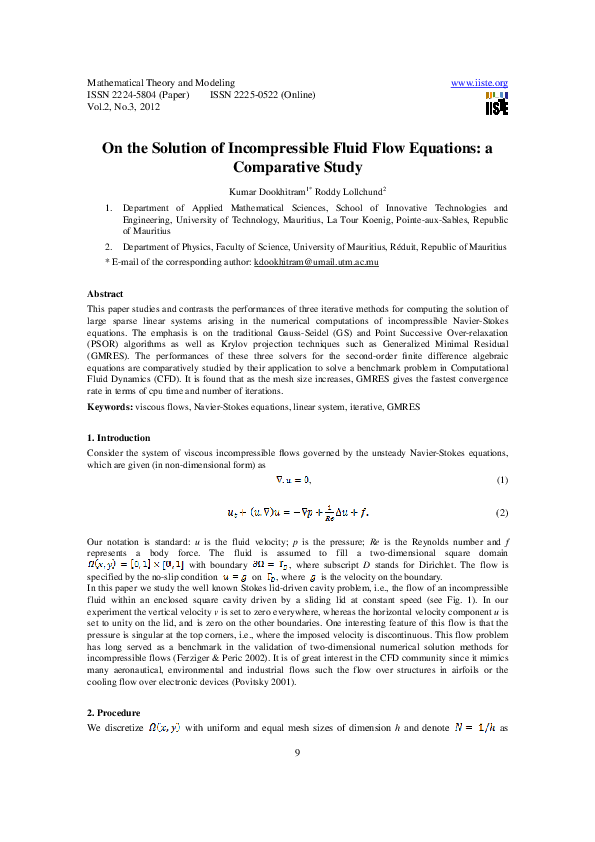 (PDF) On the Solution of Incompressible Fluid Flow Equations: a Comparative Study | Roddy ...