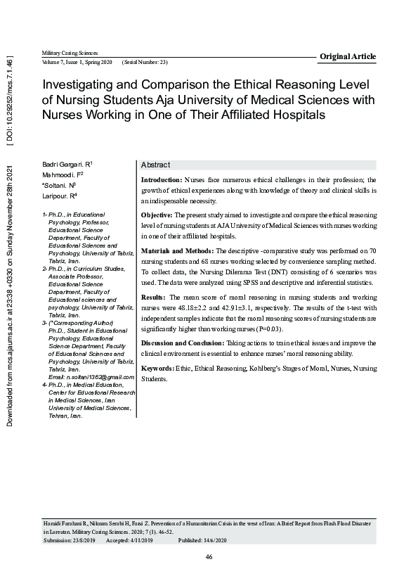 (PDF) Investigating and Comparison the Ethical Reasoning Level of Nursing Students Aja ...