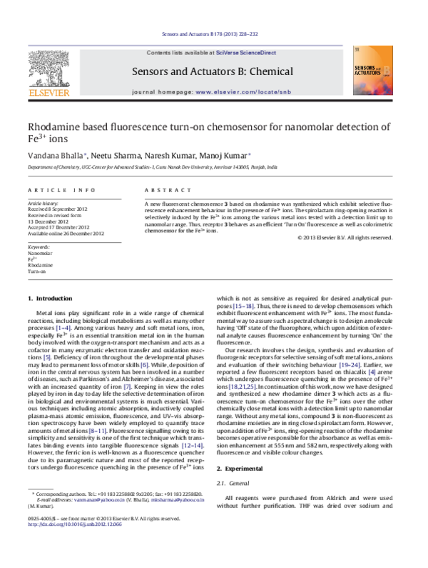 (PDF) Rhodamine‐Based Fluorescence ‘Turn‐On’ Chemosensor: Detection of Fe 3+ Ion in Aqueous ...