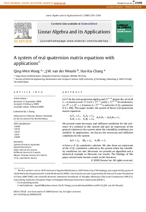 (PDF) A system of real quaternion matrix equations with applications