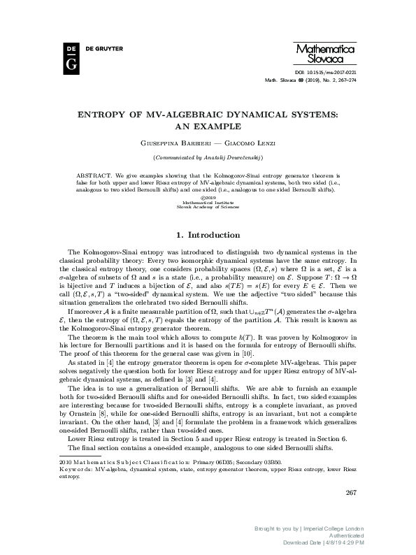(PDF) Entropy of MV-algebraic dynamical systems: An example
