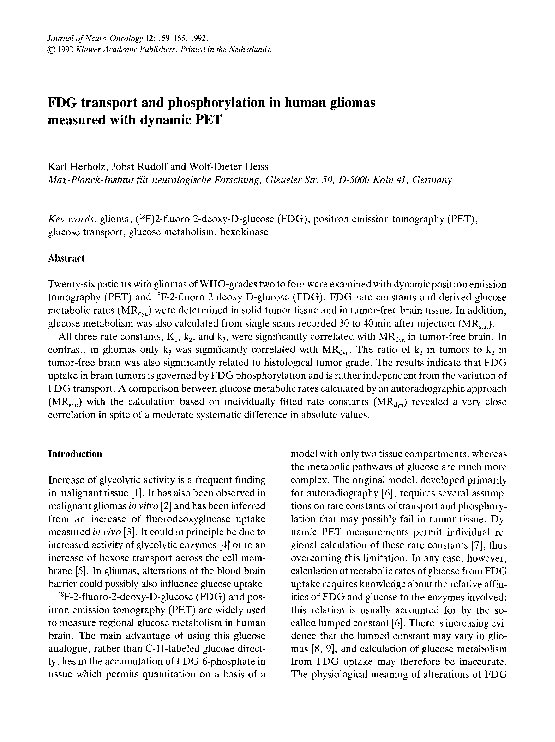 (PDF) FDG transport and phosphorylation in human gliomas measured with ...