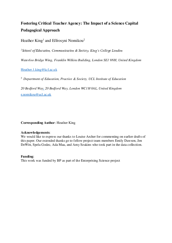 (PDF) Fostering critical teacher agency: the impact of a science ...