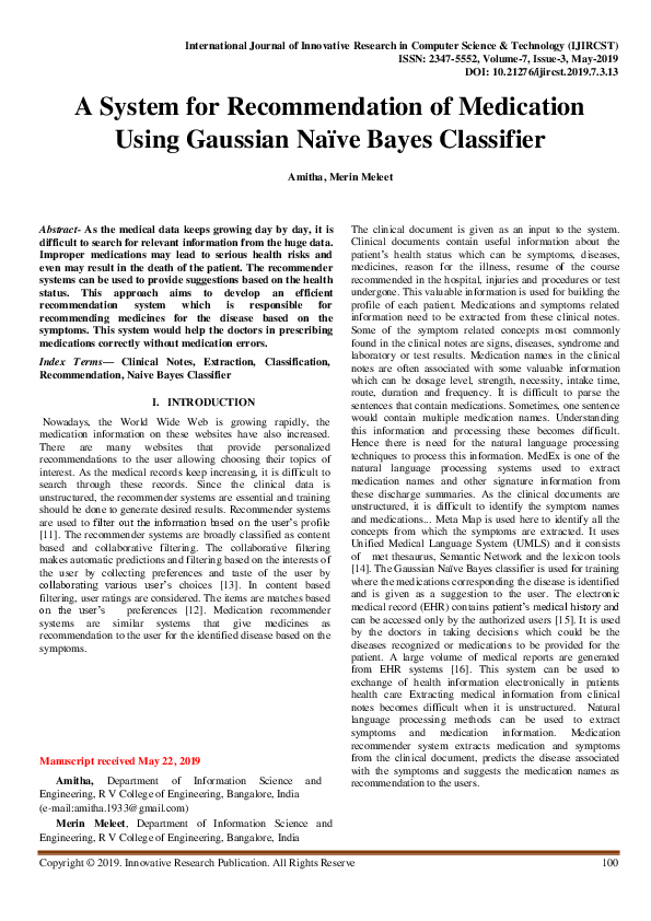 (PDF) System for Recommendation of Medication Using Gaussian Naïve Bayes Classifier