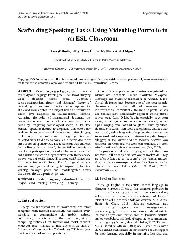 (PDF) Scaffolding Speaking Tasks Using Videoblog Portfolio in an ESL ...
