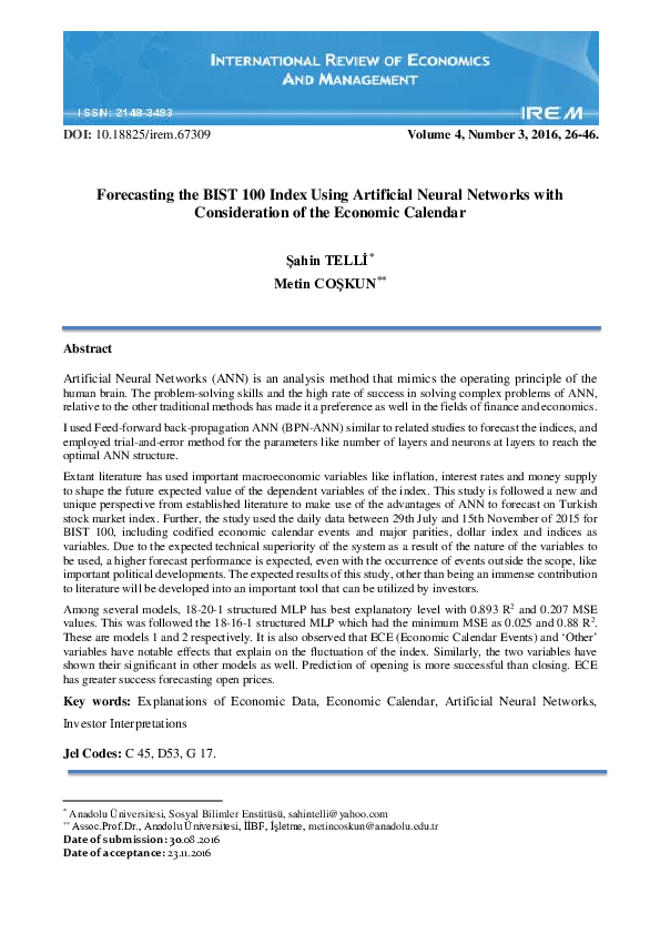 (PDF) Forecasting the BIST 100 Index Using Artificial Neural Networks with Consideration of the ...