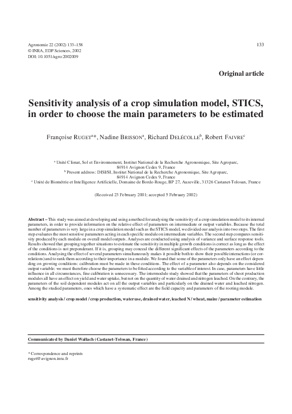 (PDF) Sensitivity analysis of a crop simulation model, STICS, in order to choose the main ...