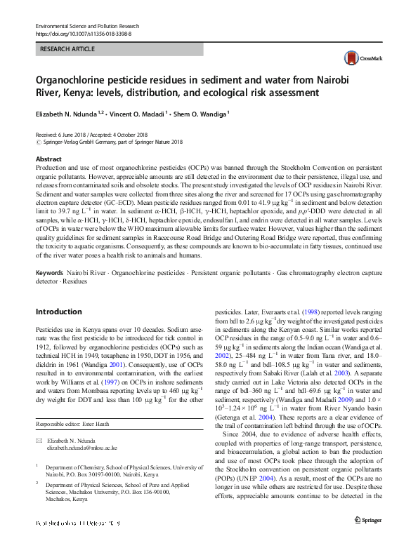 (PDF) Organochlorine pesticide residues in sediment and water from Nairobi River, Kenya: levels ...