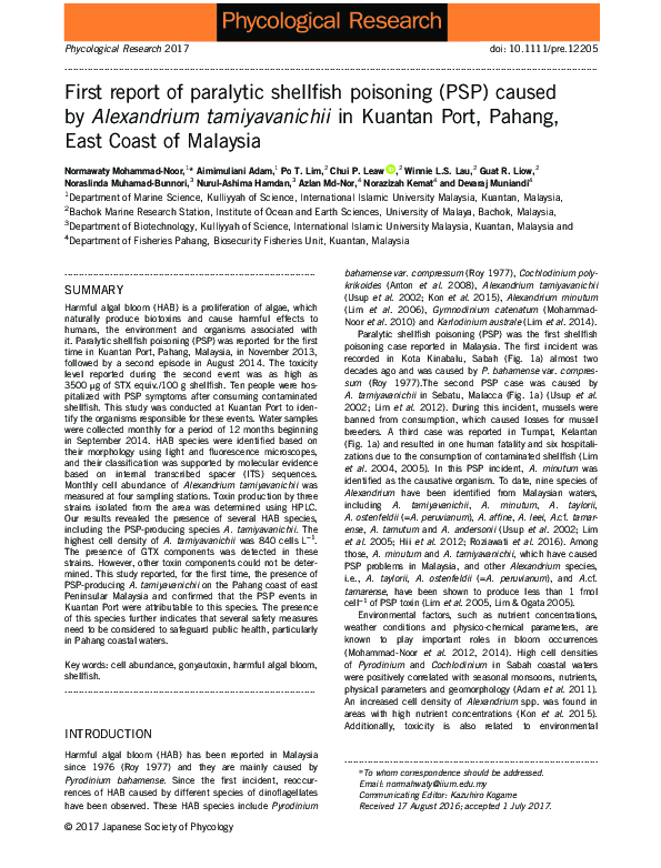 (PDF) First report of paralytic shellfish poisoning (PSP) caused by ...