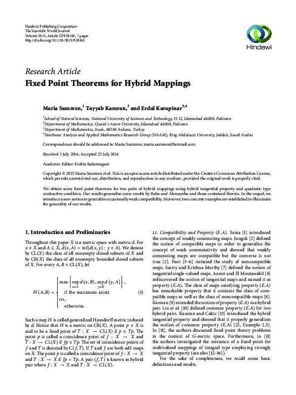 (PDF) Fixed Point Theorems for Hybrid Mappings | Maria Samreen ...