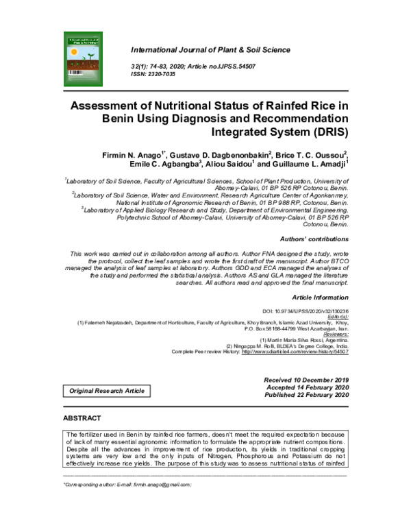 (PDF) Assessment of Nutritional Status of Rainfed Rice in Benin Using ...