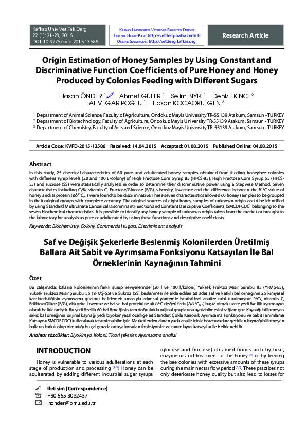 (PDF) Origin Estimation of Honey Samples by Using Constant and ...