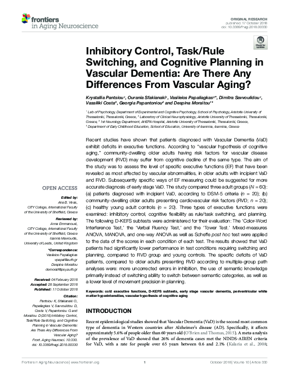 (PDF) Inhibitory Control, Task/Rule Switching, and Cognitive Planning in Vascular Dementia: Are ...