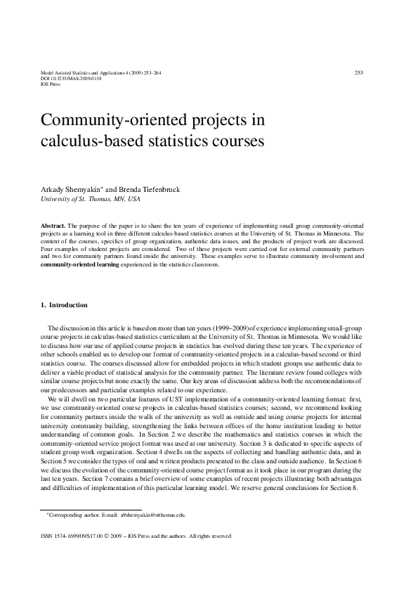 (PDF) Community-oriented projects in calculus-based statistics courses