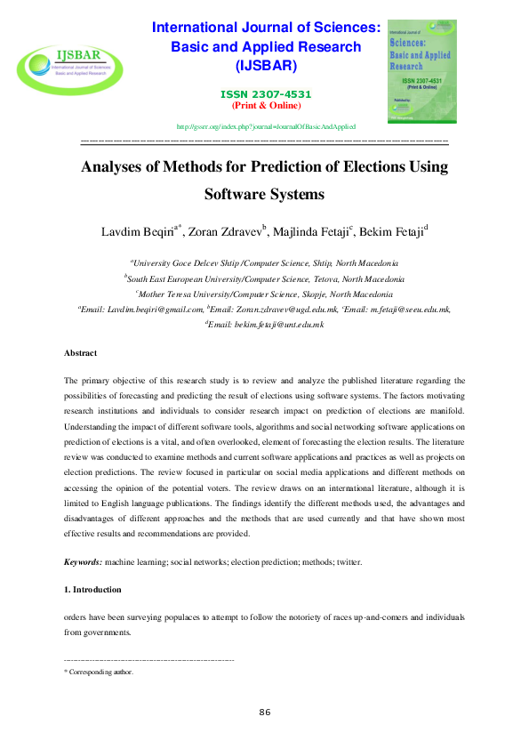 (PDF) Analyses of Methods for Prediction of Elections Using Software ...