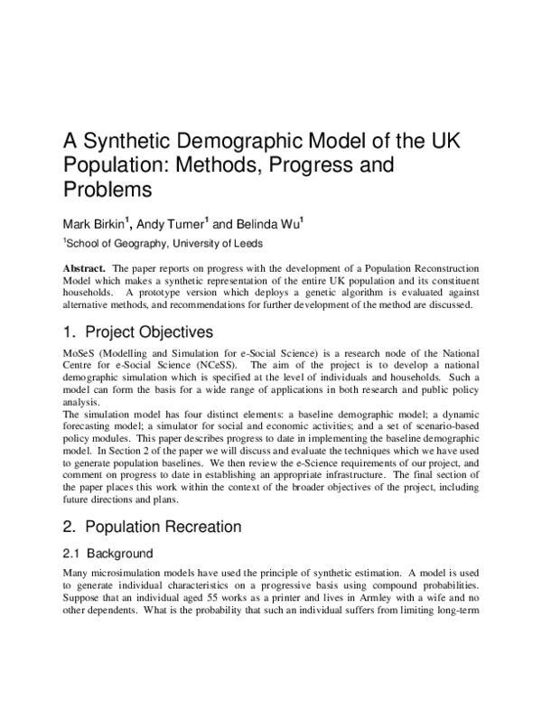 (PDF) A synthetic demographic model of the UK population: Methods ...