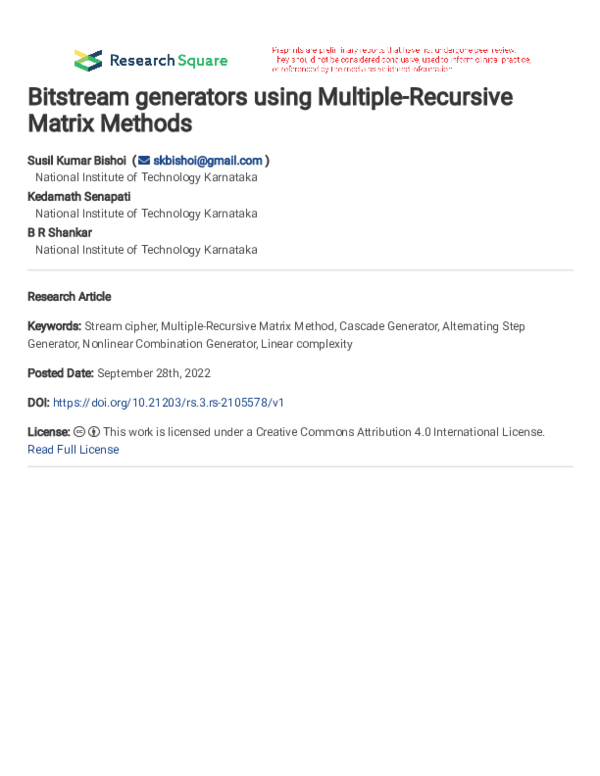 Pdf Bitstream Generators Using Multiple Recursive Matrix Methods
