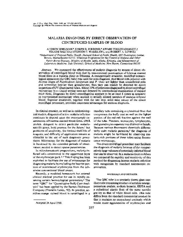 (PDF) Malaria Diagnosis by Direct Observation of Centrifuged Samples of ...