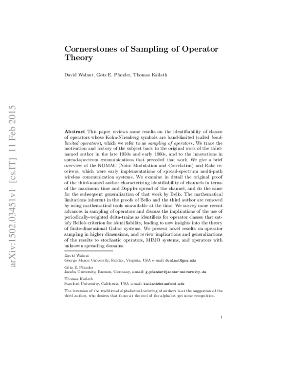 (PDF) Cornerstones of Sampling of Operator Theory