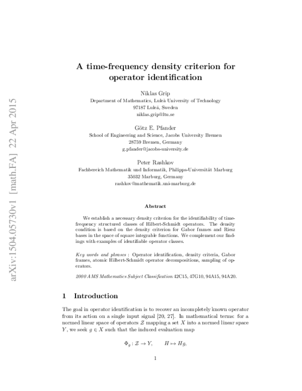 (PDF) A Time-Frequency Density Criterion for Operator Identification