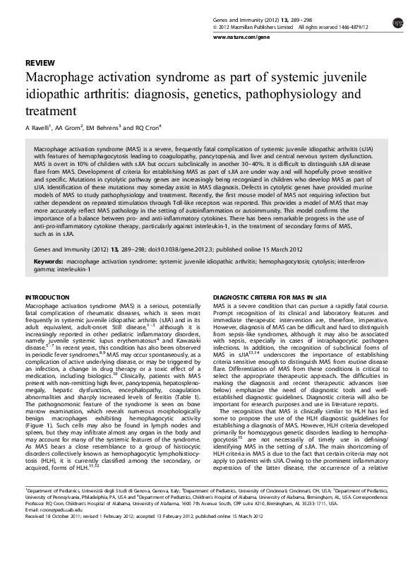 (PDF) Macrophage activation syndrome as part of systemic juvenile ...