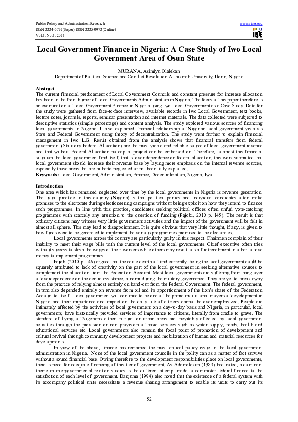(PDF) Local Government Finance in Nigeria: A Case Study of Iwo Local ...