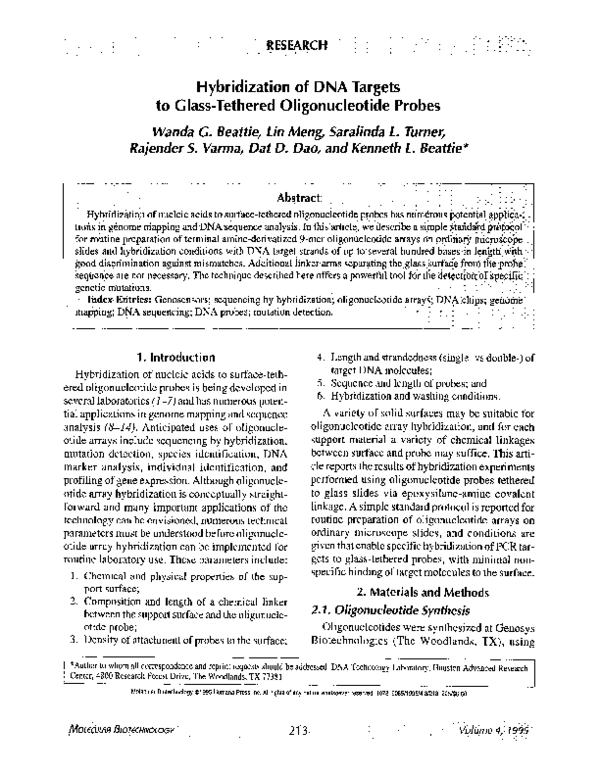Pdf Hybridization Of Dna Targets To Glass Tethered Oligonucleotide Probes Đạt Đào