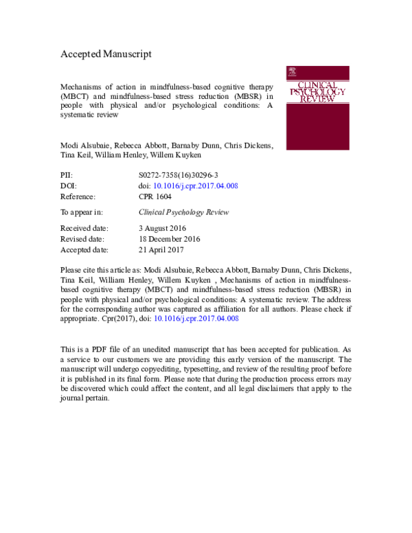 (PDF) Mechanisms of action in mindfulness-based cognitive therapy (MBCT ...