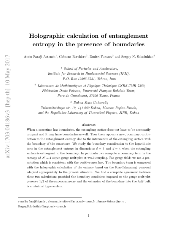 (PDF) Holographic calculation of entanglement entropy in the presence of boundaries