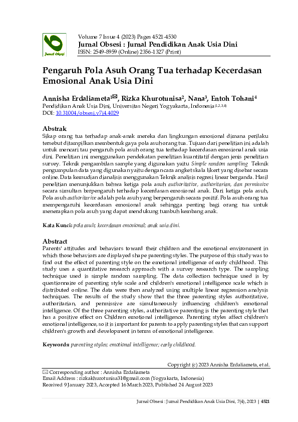 (PDF) Pengaruh Pola Asuh Orang Tua terhadap Kecerdasan Emosional Anak Usia Dini