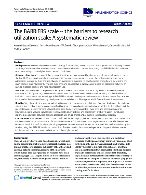 (PDF) SYSTEMATIC REVIEW Systematic Review The BARRIERS scale-- the ...